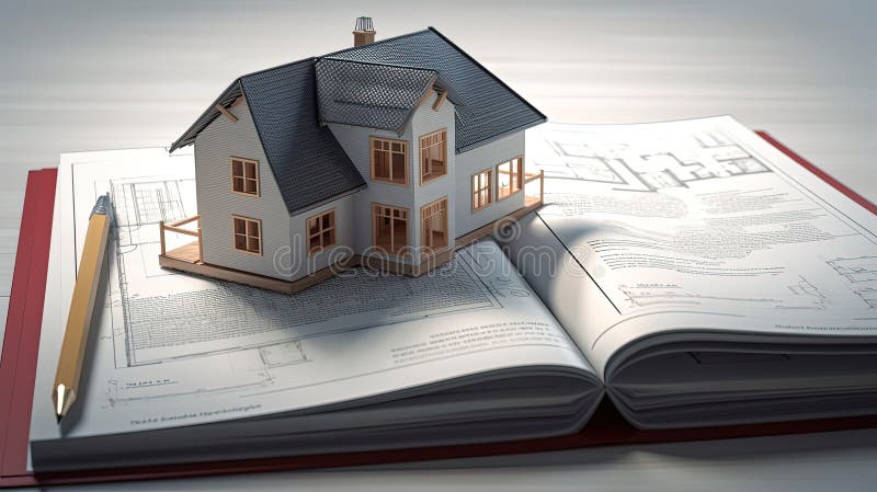 House Project. Book with Drafts of House and 3d Model of House Stock ...