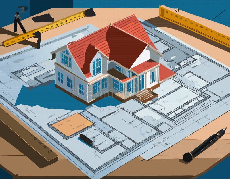 House Project Concept Blueprint with Small Model Isometric Vector ...