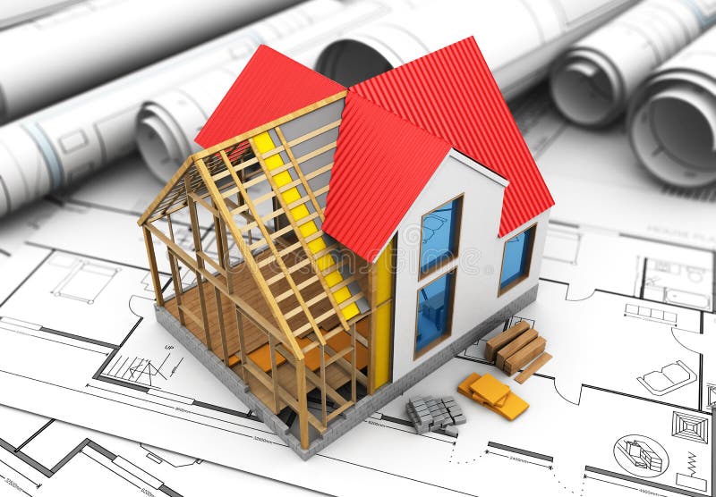 House Project with Model, Red Roof Stock Illustration - Illustration of ...