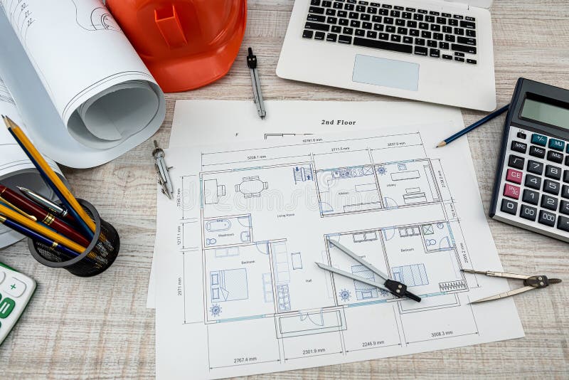 House Project Plan with Work Tools and Helmet on Desk Stock Photo ...