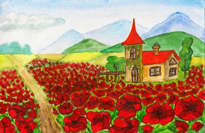 House with red poppies stock illustration. Illustration of visual ...