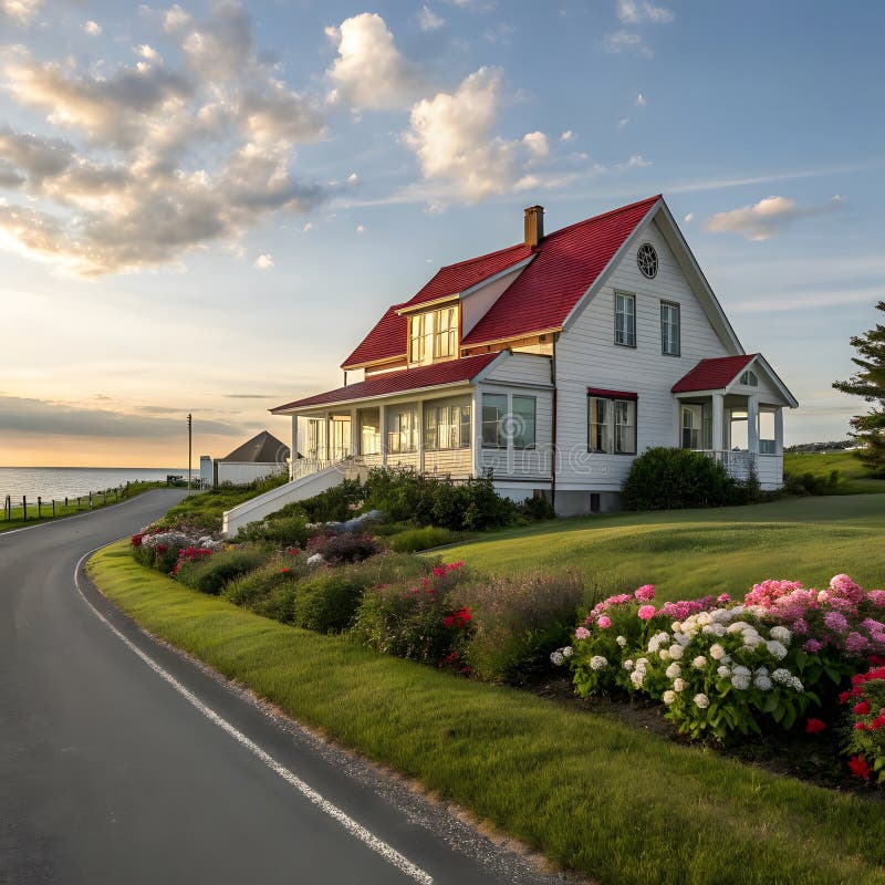 A House with a Red Roof is on the Side of the Road View Stock Image ...