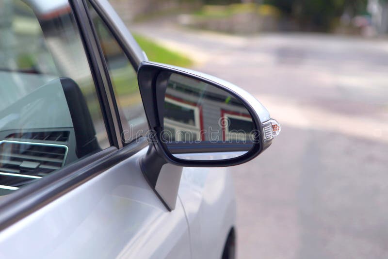 House Reflections on the Mirror. Side Rear-view Mirror on a Modern Car ...