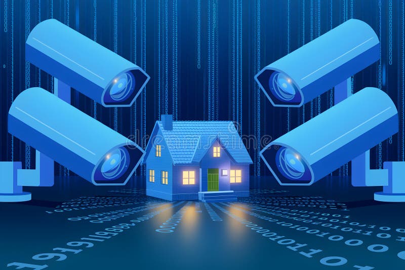3D House Surrounded by Binary Code and Surveillance Cameras ...