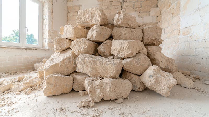 House Renovation Demolition Pile of Beige Stone Blocks Room Interior ...