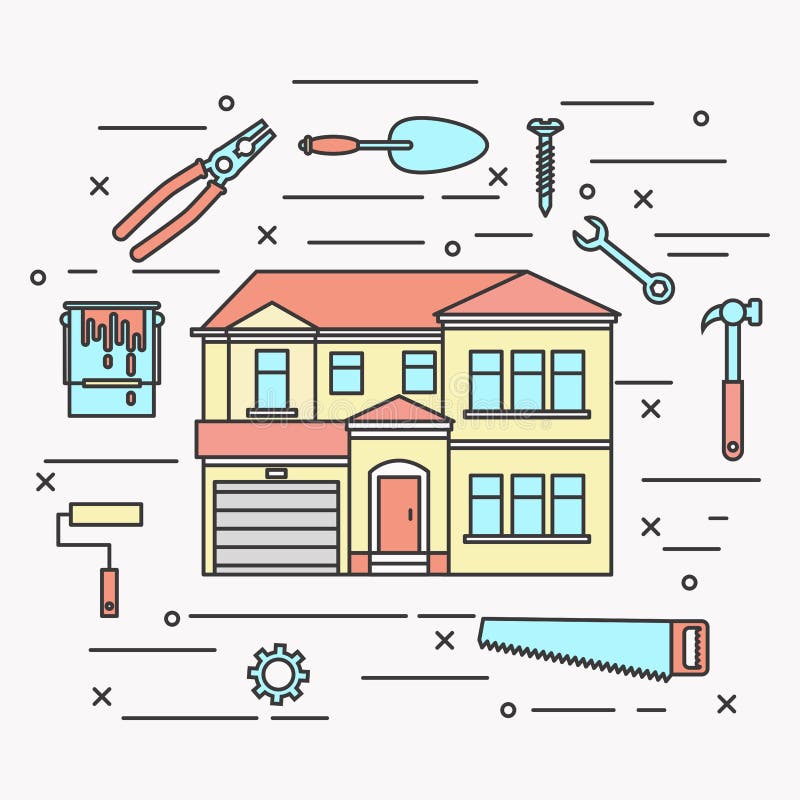 House Repair Flat Line Art Vector Illustration Stock Vector ...