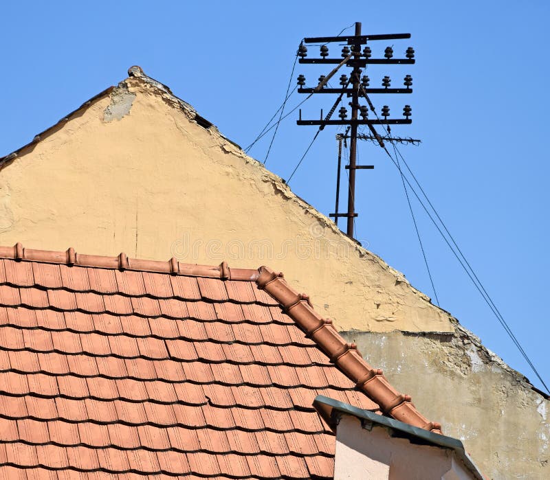 Old Telephone Pole on the Roof Stock Photo - Image of cable, green ...