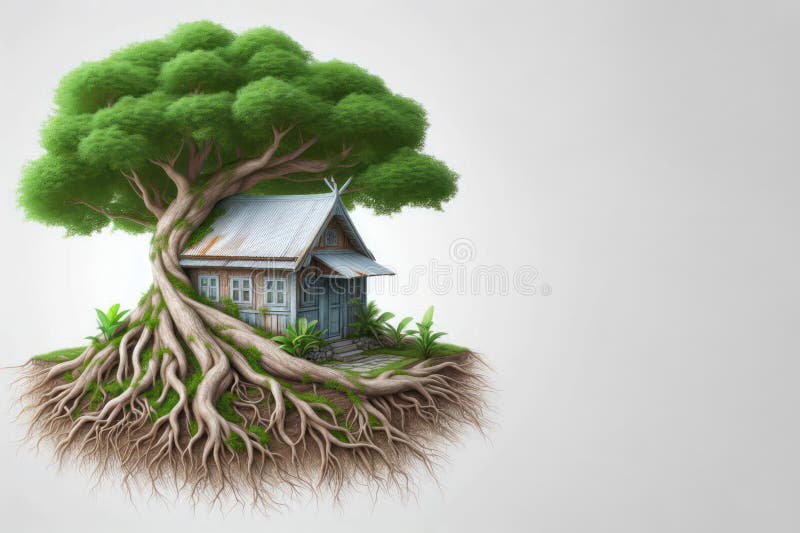A House Rooted in a Tree, with Massive Roots. Space for Text. Stock ...