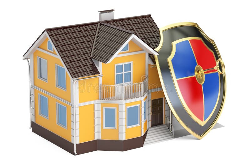 House Security and Protection Concept, Home with Shield. 3D Rend Stock ...