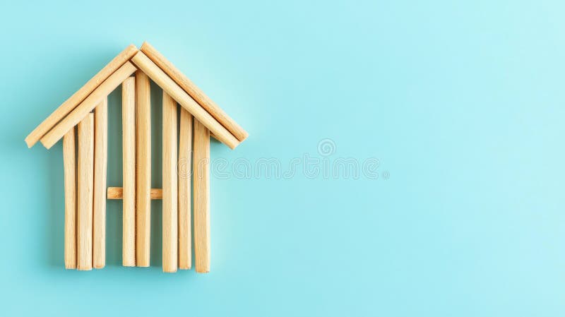 House Shape Made of Wooden Sticks on Light Blue Background Stock Photo ...