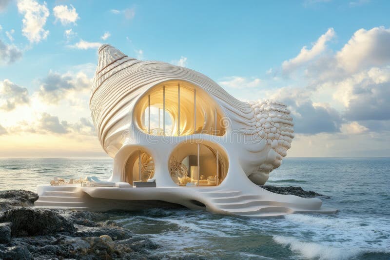 A House Shaped Like a Giant Seashell on the Edge of the Ocean Stock ...