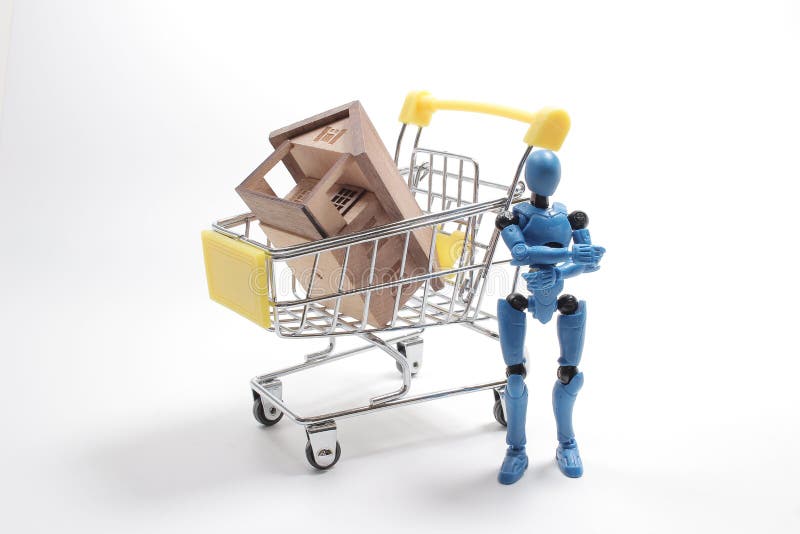 A House in Shopping Cart, with Figure on Board Stock Photo - Image of ...
