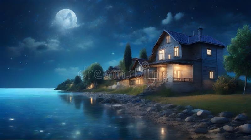 House on the Shore of the Lake at Night with a Full Moon Stock ...