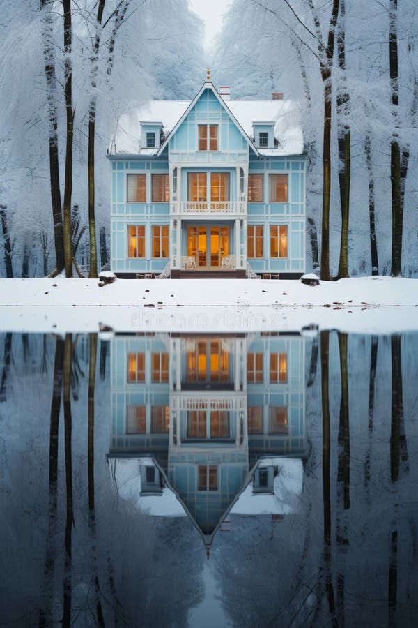 House Is Shown With Reflection In The Water Of The Lake Generative Ai Stock Image Image Of