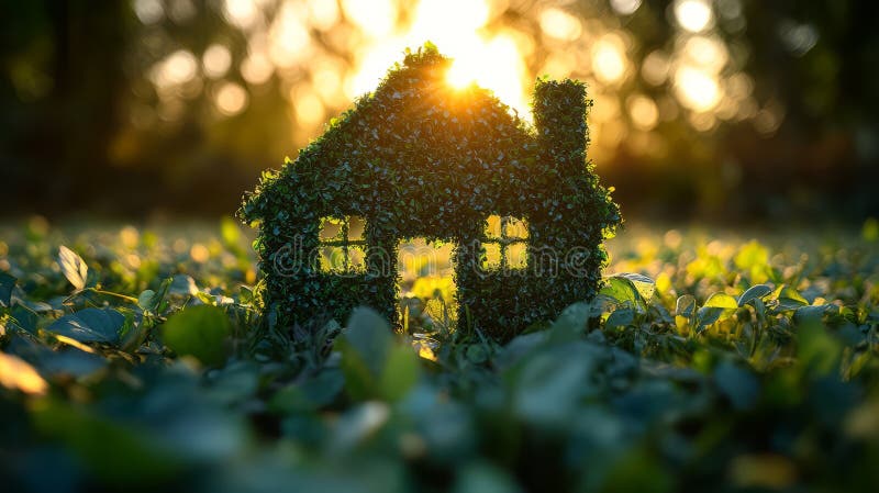 A House Silhouette Shaped from Grass and Leaves, Illuminated by a Warm ...