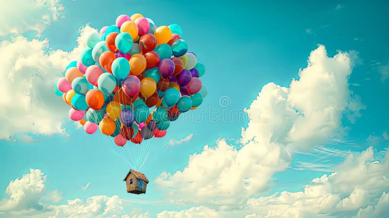 House in the Sky Flying Home with Balloons of Different Colors Stock ...