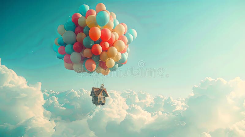 House in the Sky Flying Home with Balloons of Different Colors Stock ...