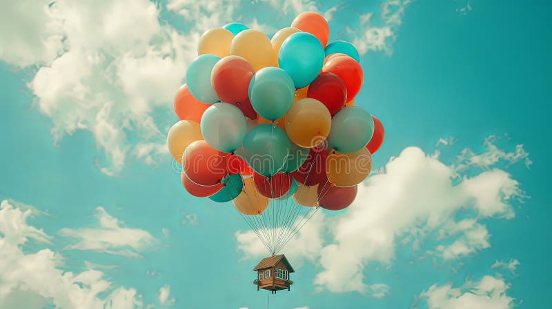 House in the Sky Flying Home with Balloons of Different Colors Stock ...