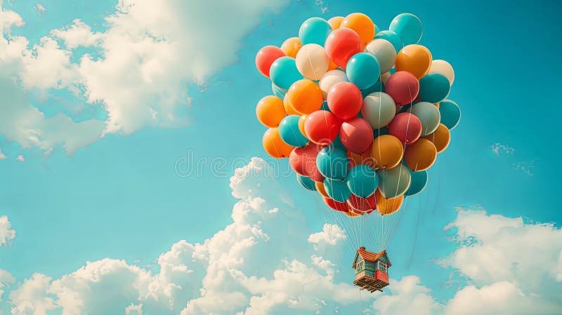 House in the Sky Flying Home with Balloons of Different Colors Stock ...
