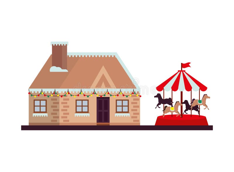 House with Snow and Carousel Winter Season Stock Vector - Illustration ...