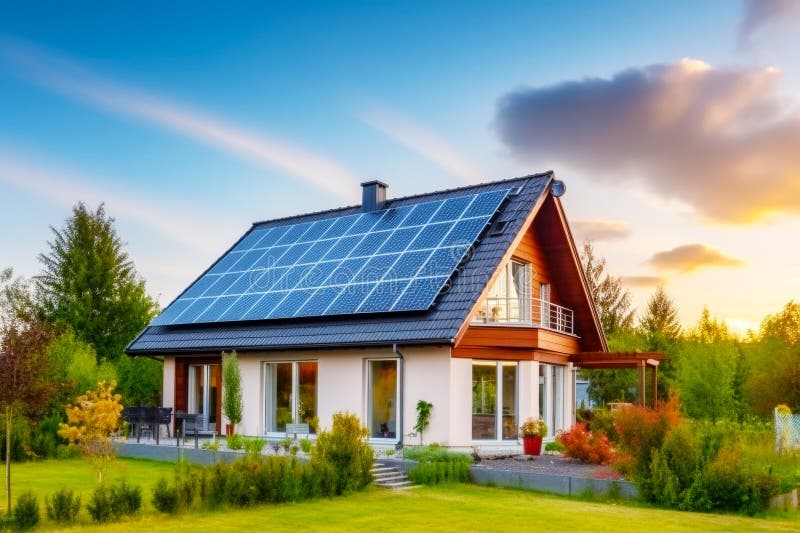 Solar Panel on Roof with the Sun Shining through the Clouds. Generative ...