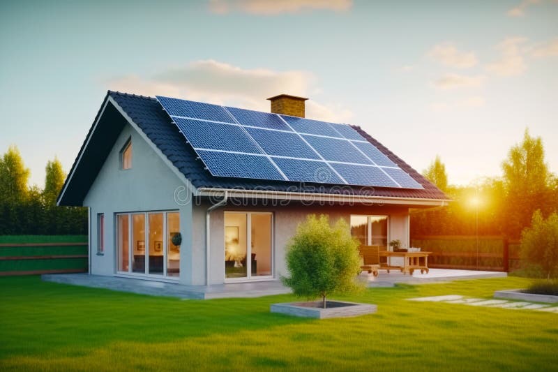 House with Solar Panel on the Roof and Lawn in Front of it. Generative ...
