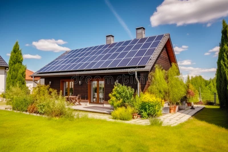 House with Solar Panel on the Roof and Lawn in Front of it. Generative ...