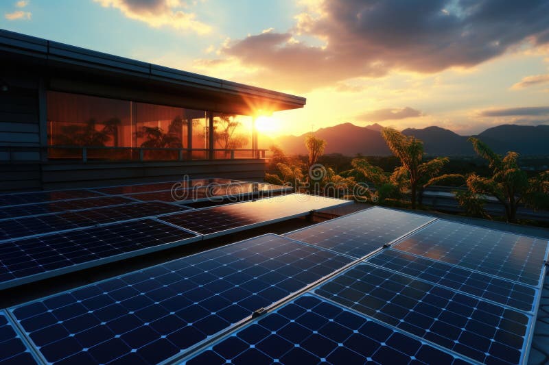 House with Solar Panel Roof and View of Mountains Stock Photo - Image ...