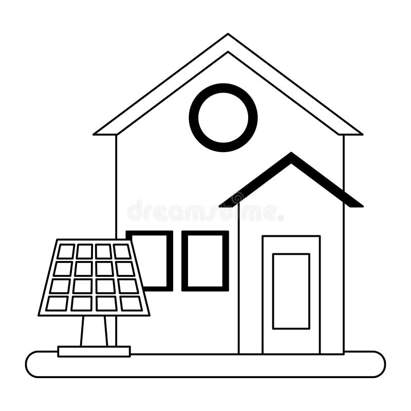 House and Solar Panel Symbol Black and White Stock Vector ...
