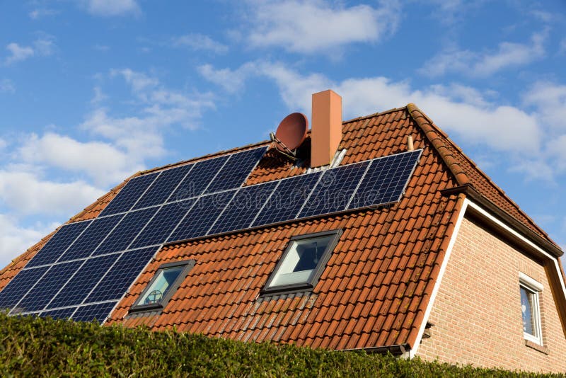 House with Solar Panels and Blue Sky Stock Photo - Image of environment ...