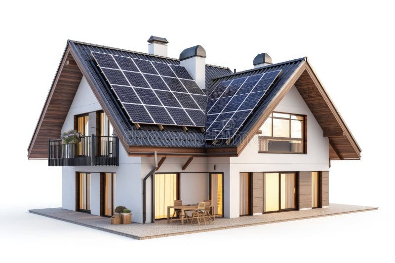 House with Solar Panels Isolated on White Background Stock Illustration ...