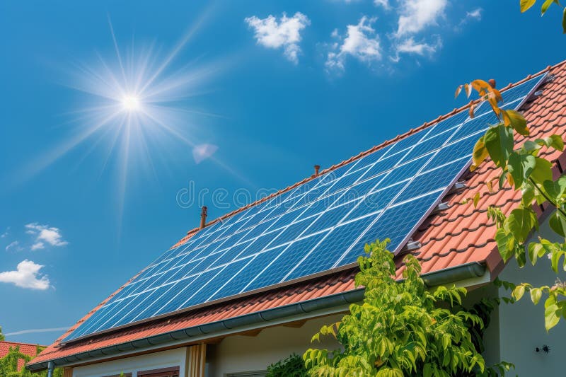 House with Solar Panels on Red Roof Surrounded by Greenery. Large Panel ...