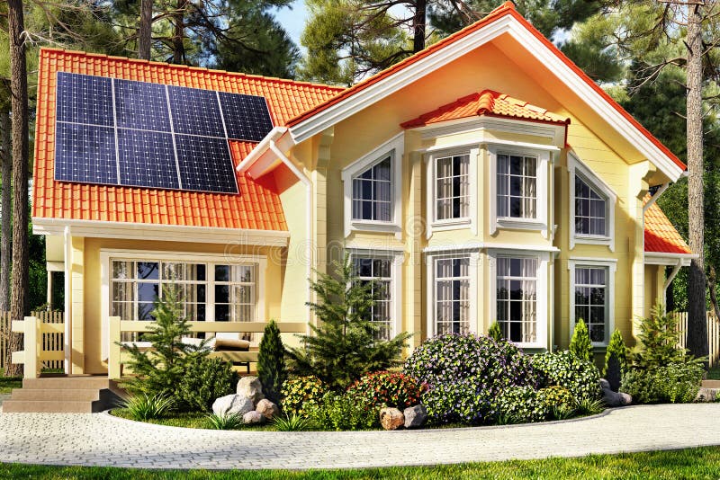Beautiful House with Solar Panels on the Roof Stock Photo - Image of ...