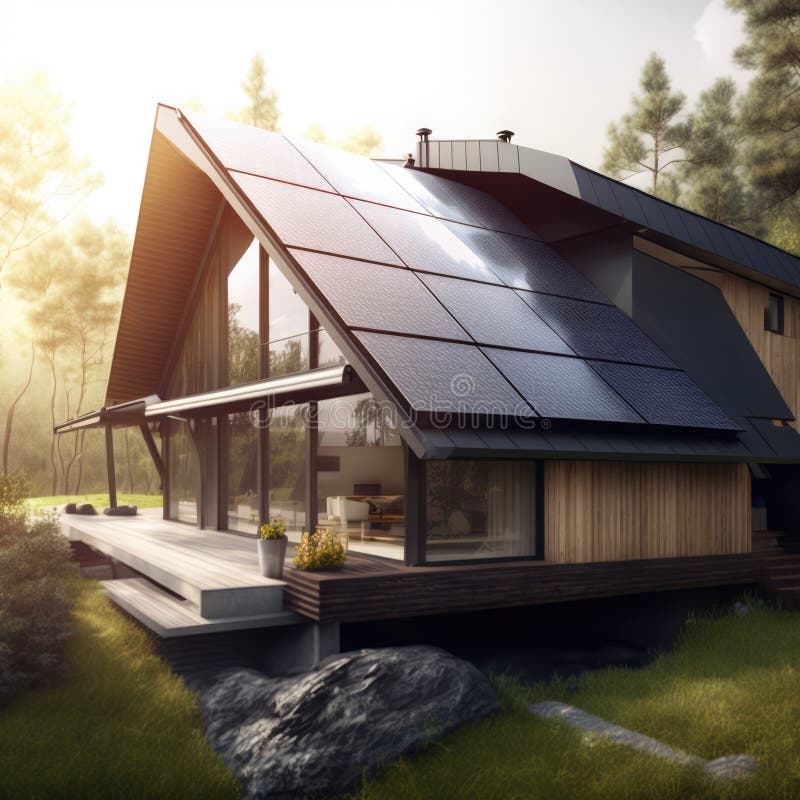 House with Solar Panels on Roof, Created Using Generative Ai Technology ...