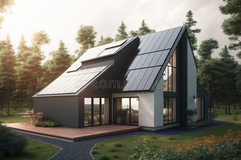 House with Solar Panels on Roof, Created Using Generative Ai Technology ...