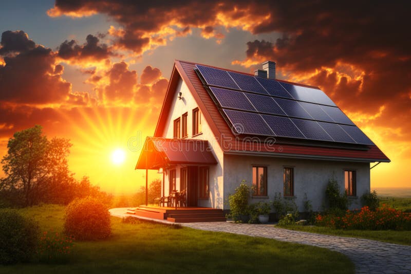House with Solar Panels on the Roof at Sunset. Generative AI Stock ...