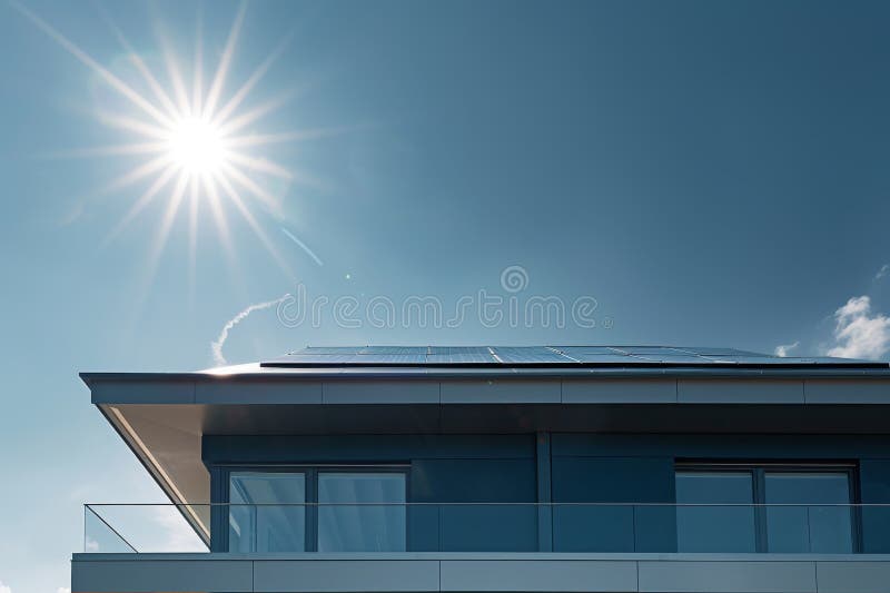 House with Solar Panels on Roof Under Bright Sun Stock Image - Image of ...