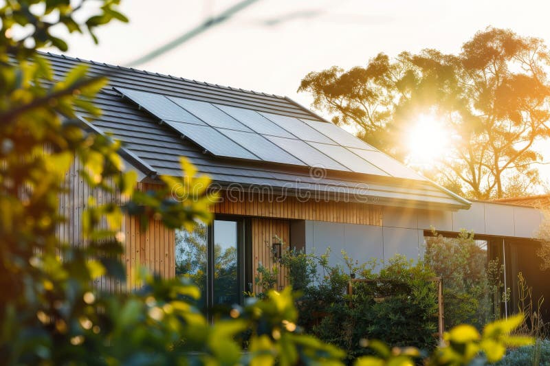 House with Solar Panels on Roof Under Bright Sunlight Stock Image ...