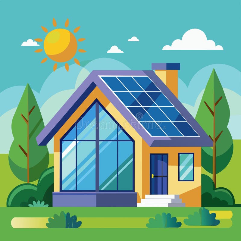 A House with Solar Panels and a Sun Light Vector Illustration Stock ...