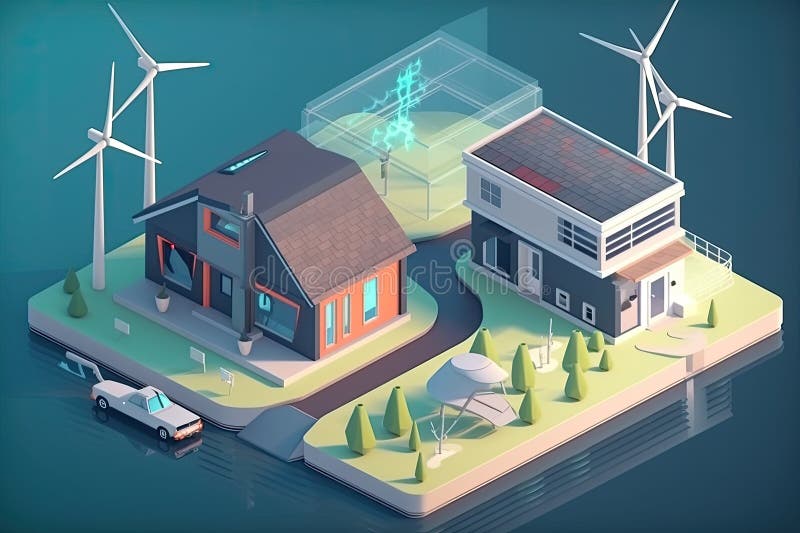 House with Solar Panels and Windmills, Illustration. Power Supply ...