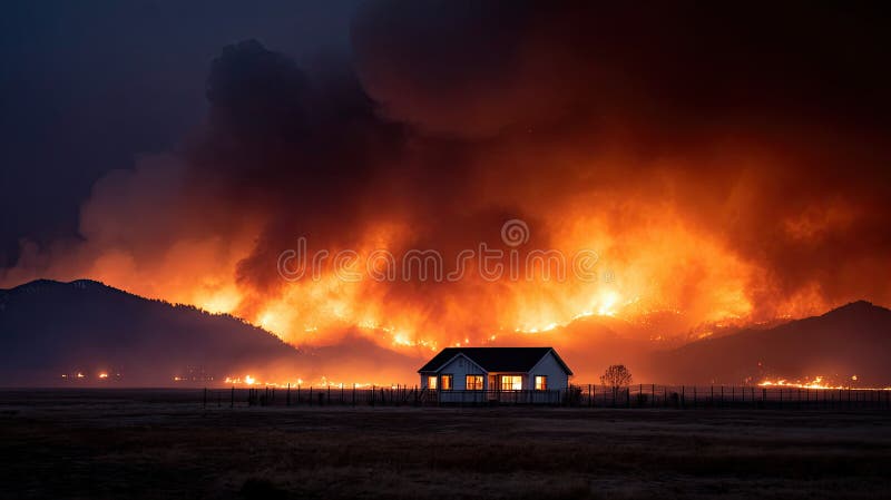 House Stands Illuminated Against Backdrop of Raging Wildfire Flames ...