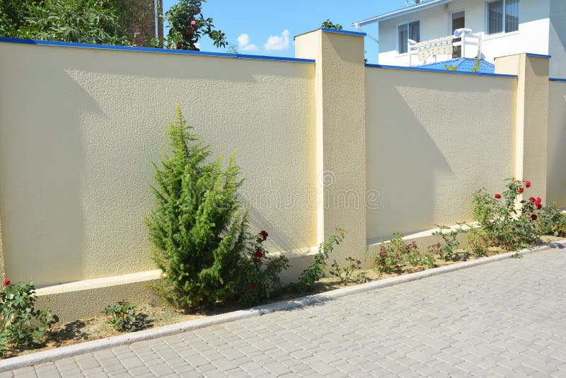 House Stone Fence with Stucco, Roses Bush and Juniper Tree Stock Image ...