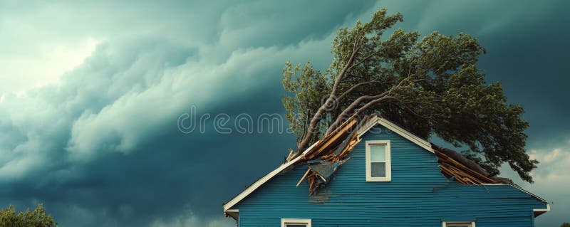 House with Storm Damage and Uprooted Tree on Roof, Dramatic Weather ...