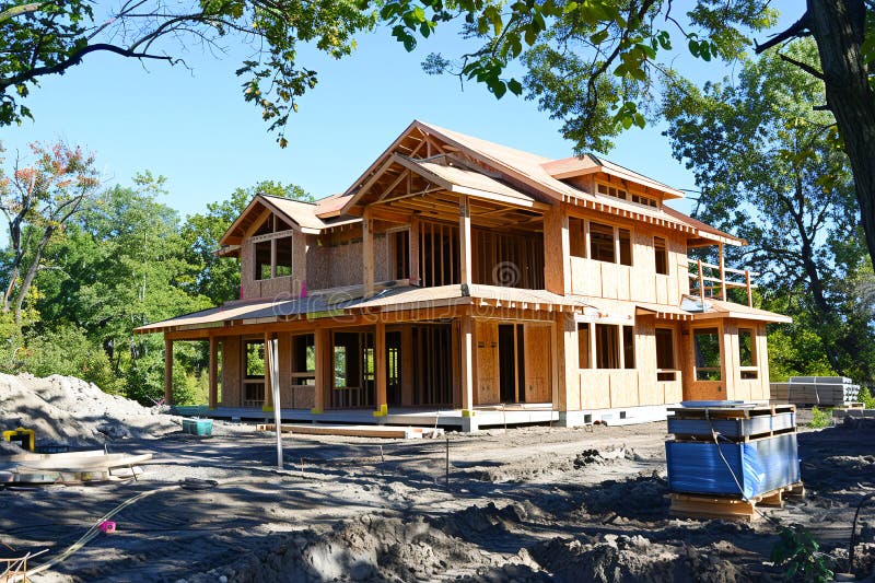 House Structure in Early Construction Phase with Exposed Wood Framing ...