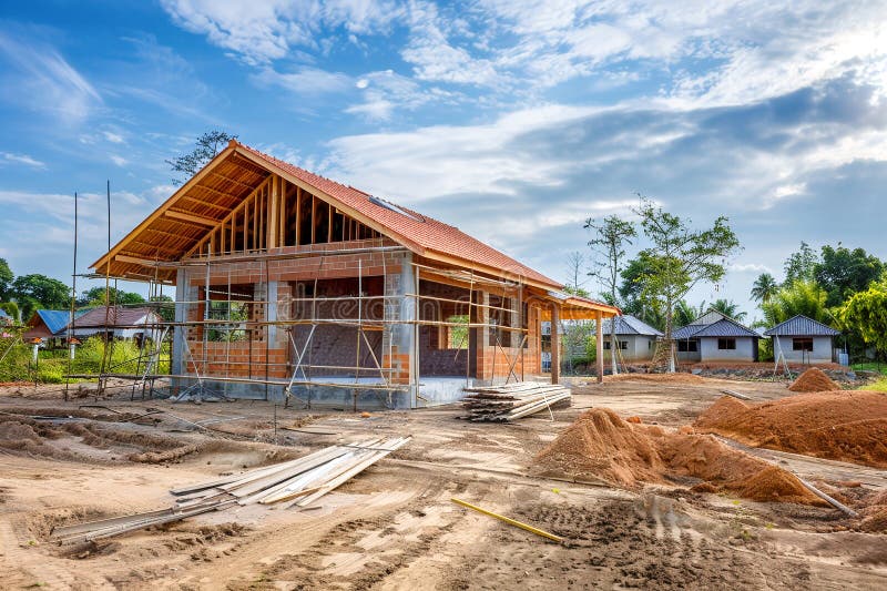 House Structure in Early Construction Phase with Exposed Wood Framing ...