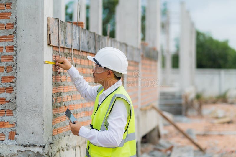 Engineer Inspecting the House Structure Using a Tape Measure To Check ...