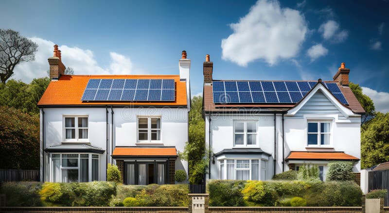 House in Sunlight Solar Panels Roofs. Day for Solar Energy Generation ...