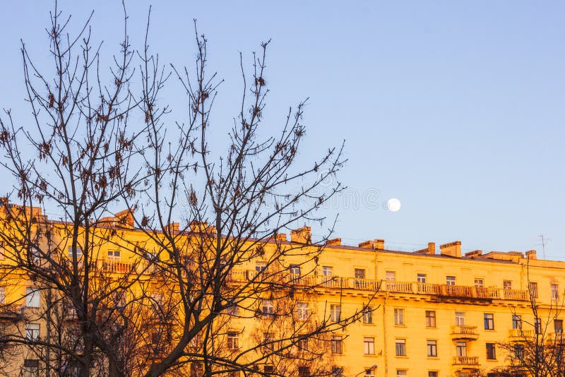 House at Sunset and the Moon Street Cityscape Stock Image - Image of ...