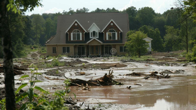 A House Surrounded by a Moat of Muddy Water after a Flash Flood Stock ...