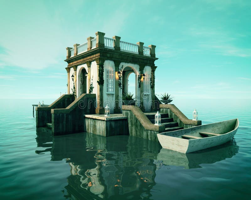 House Surrounded by Water and Reflection Stock Illustration ...